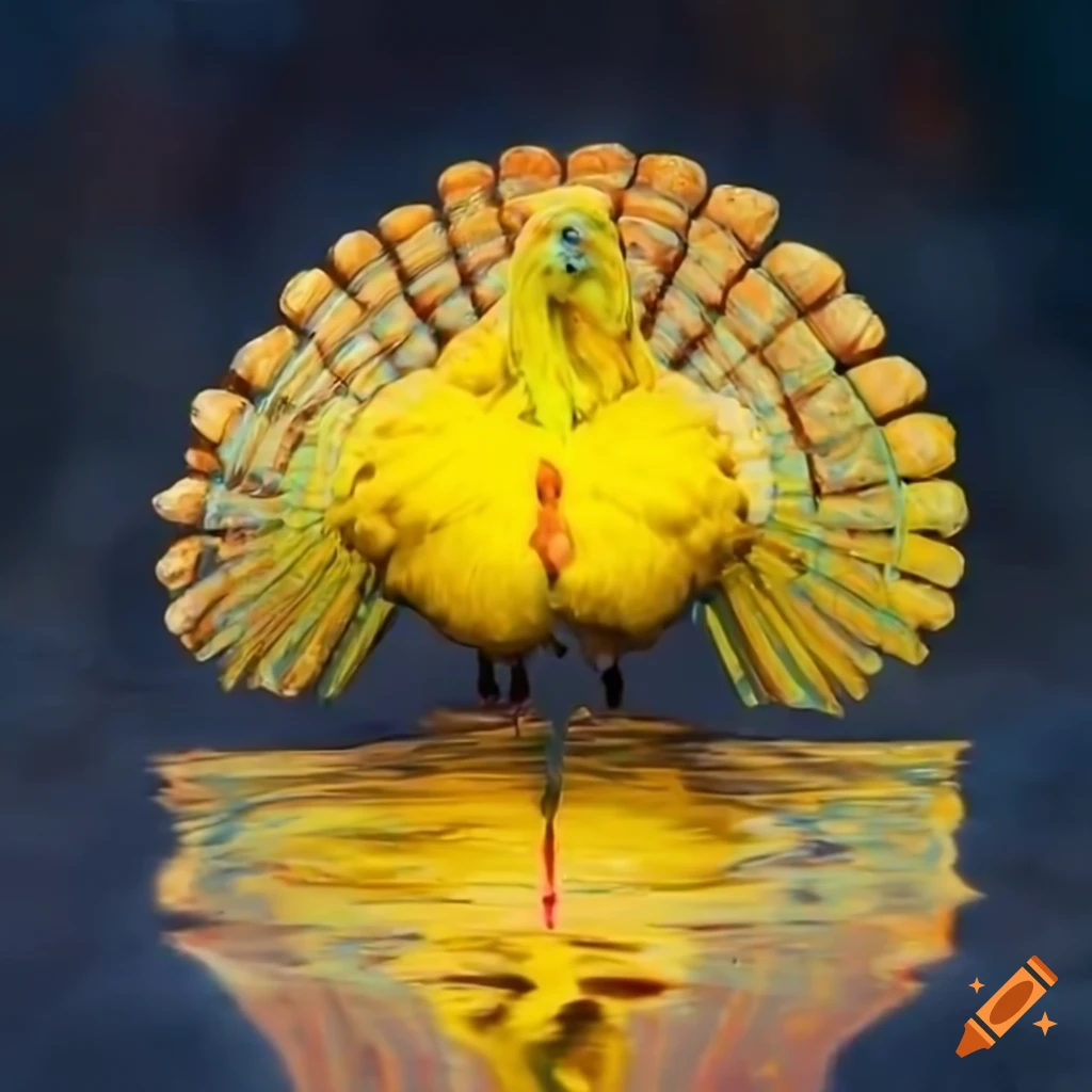 Yellow turkey standing in a puddle of liquid on Craiyon