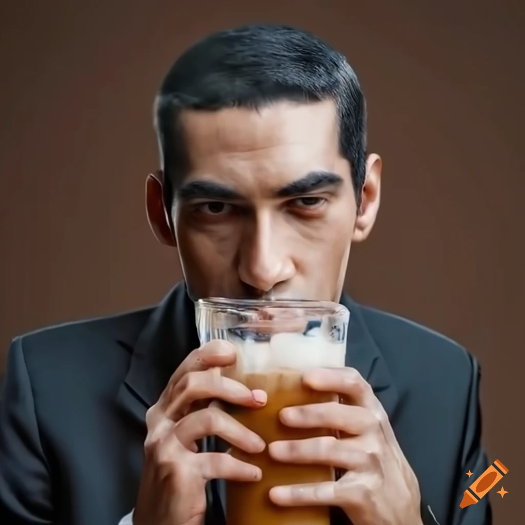 Business man drinking iced coffee through a bamboo straw on Craiyon