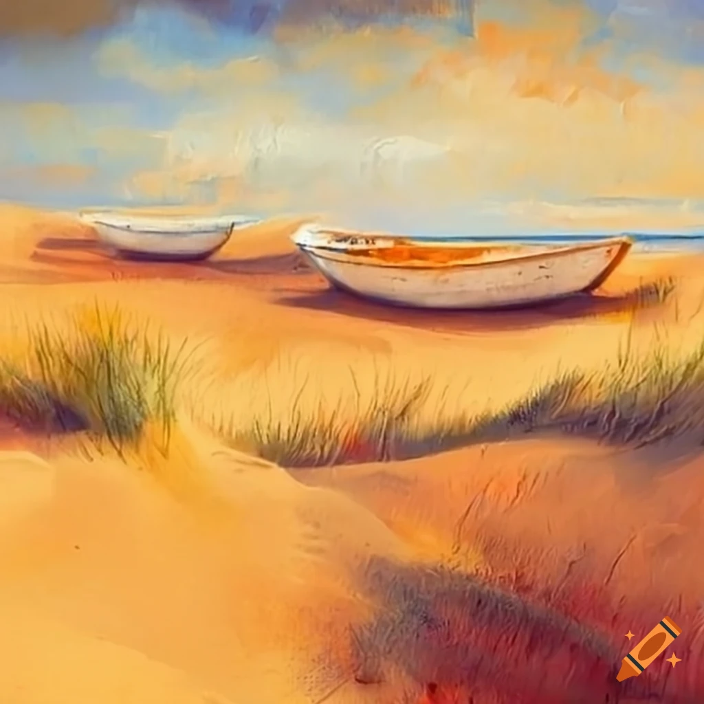 Boats in sand dunes painting on Craiyon