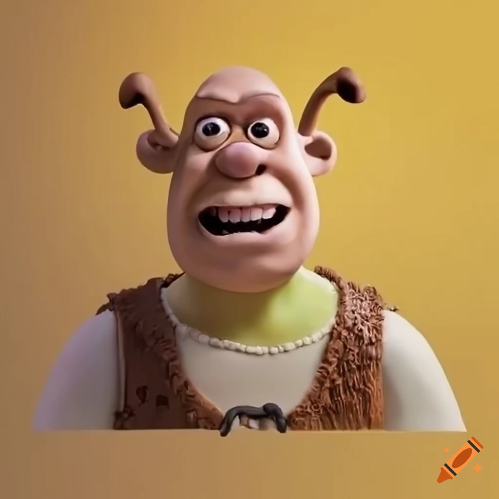 Wallace and gromit eating a realistic cake in a shrek scene on Craiyon