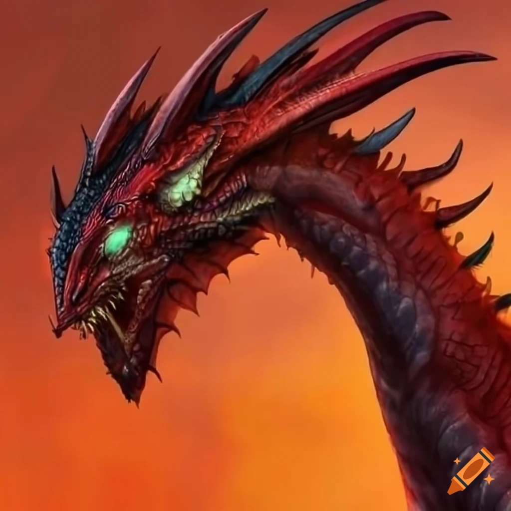 Rust red dragon with a long neck standing erect and looking straight ...