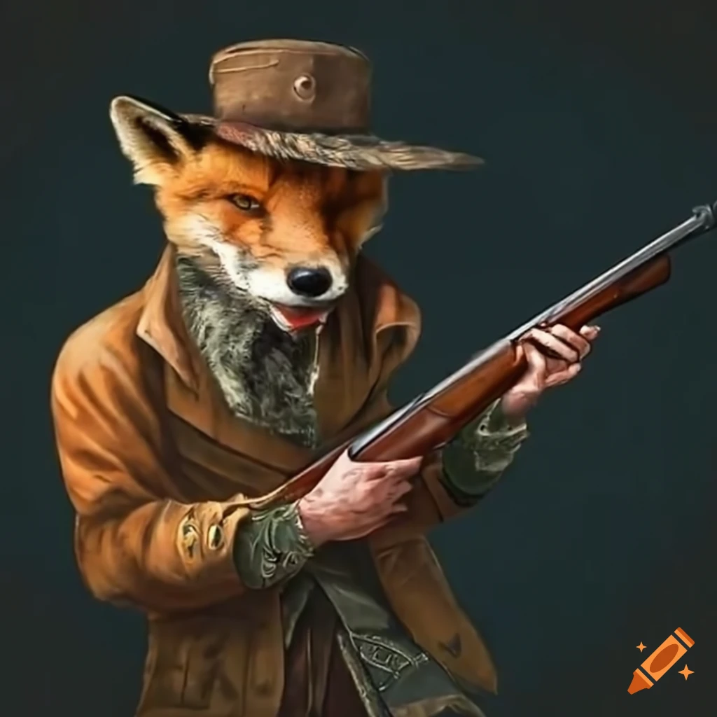 Hunter with a side by side shotgun encountering a fox on Craiyon