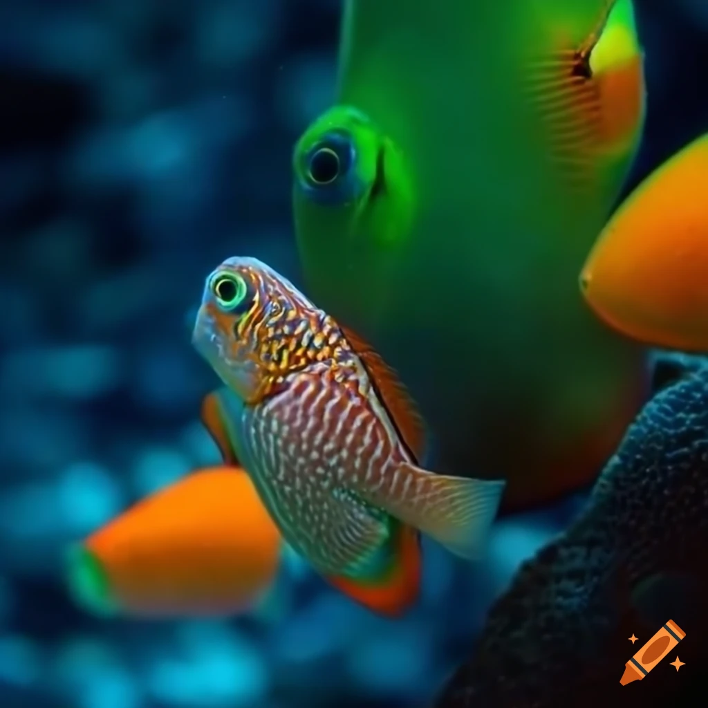 Group of fish in mesmerizing underwater micro photography on Craiyon