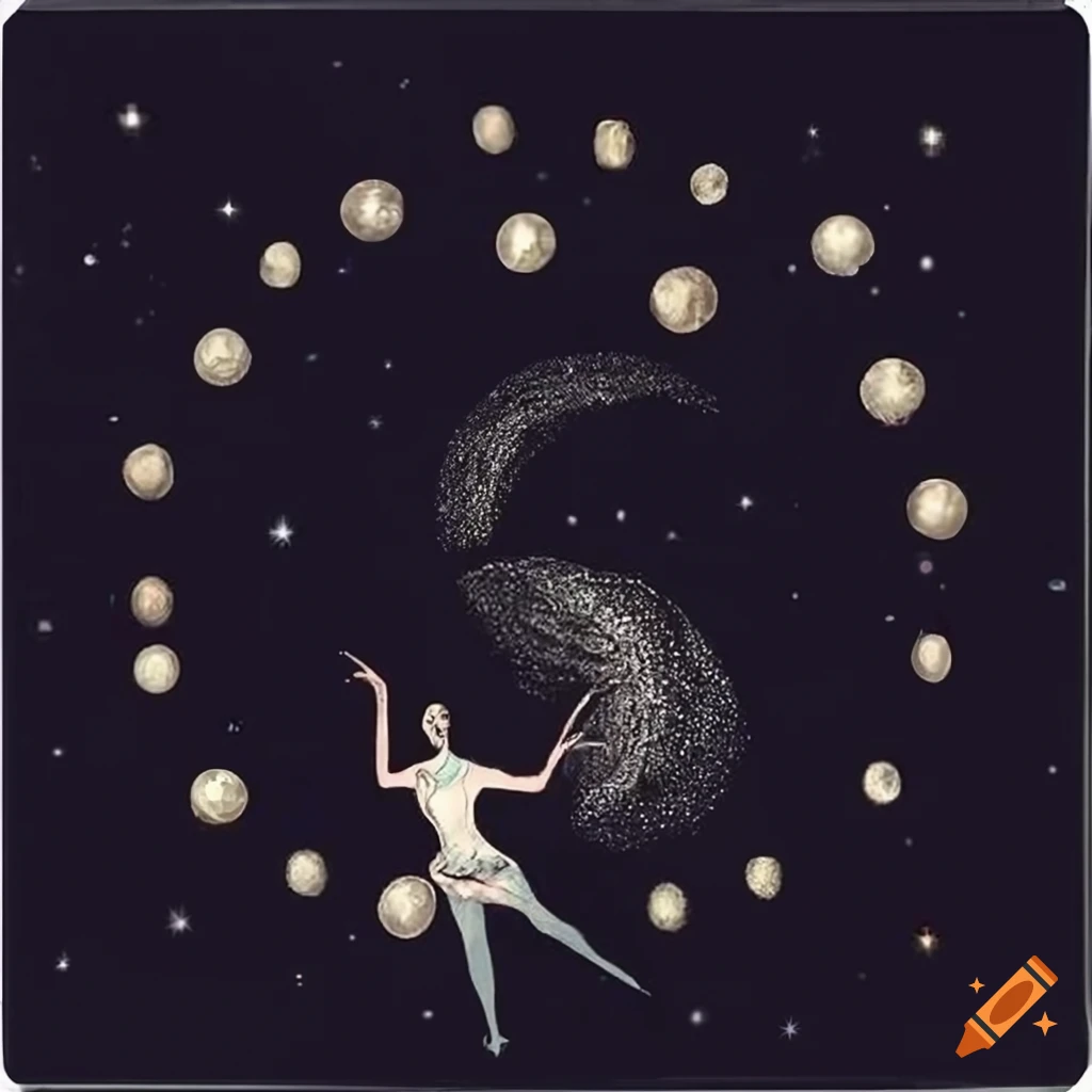 Ballet dancers in a celestial dreamscape influenced by the moon on Craiyon