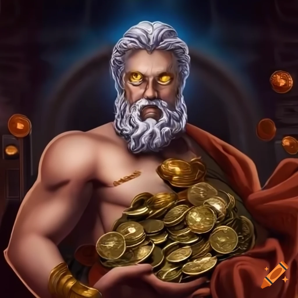 Zeus playing slot game with a bag of coins on Craiyon