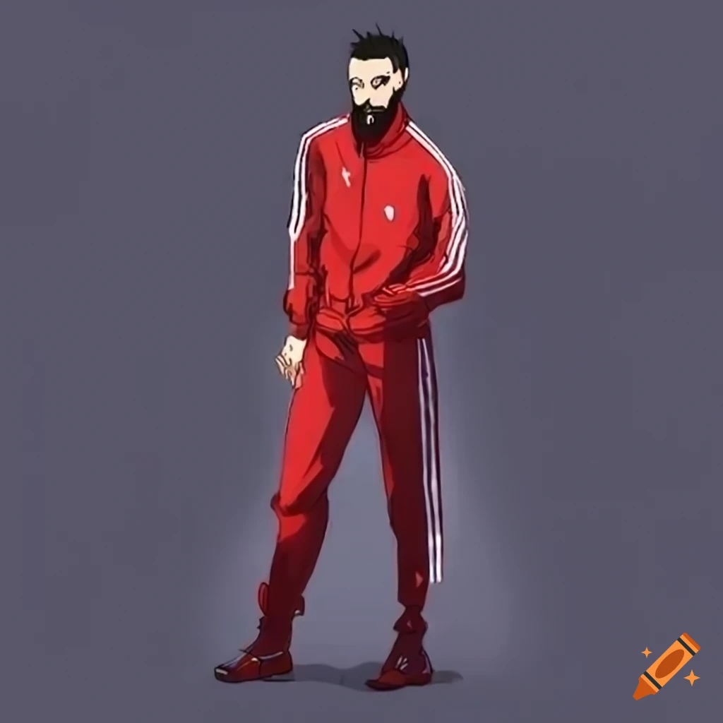 Anime bearded man in red adidas track suit standing sideways on Craiyon