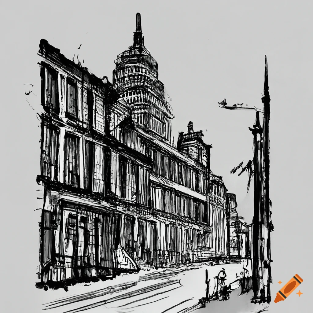 Detailed black-ink drawing of a metropolis street in the afternoon on ...