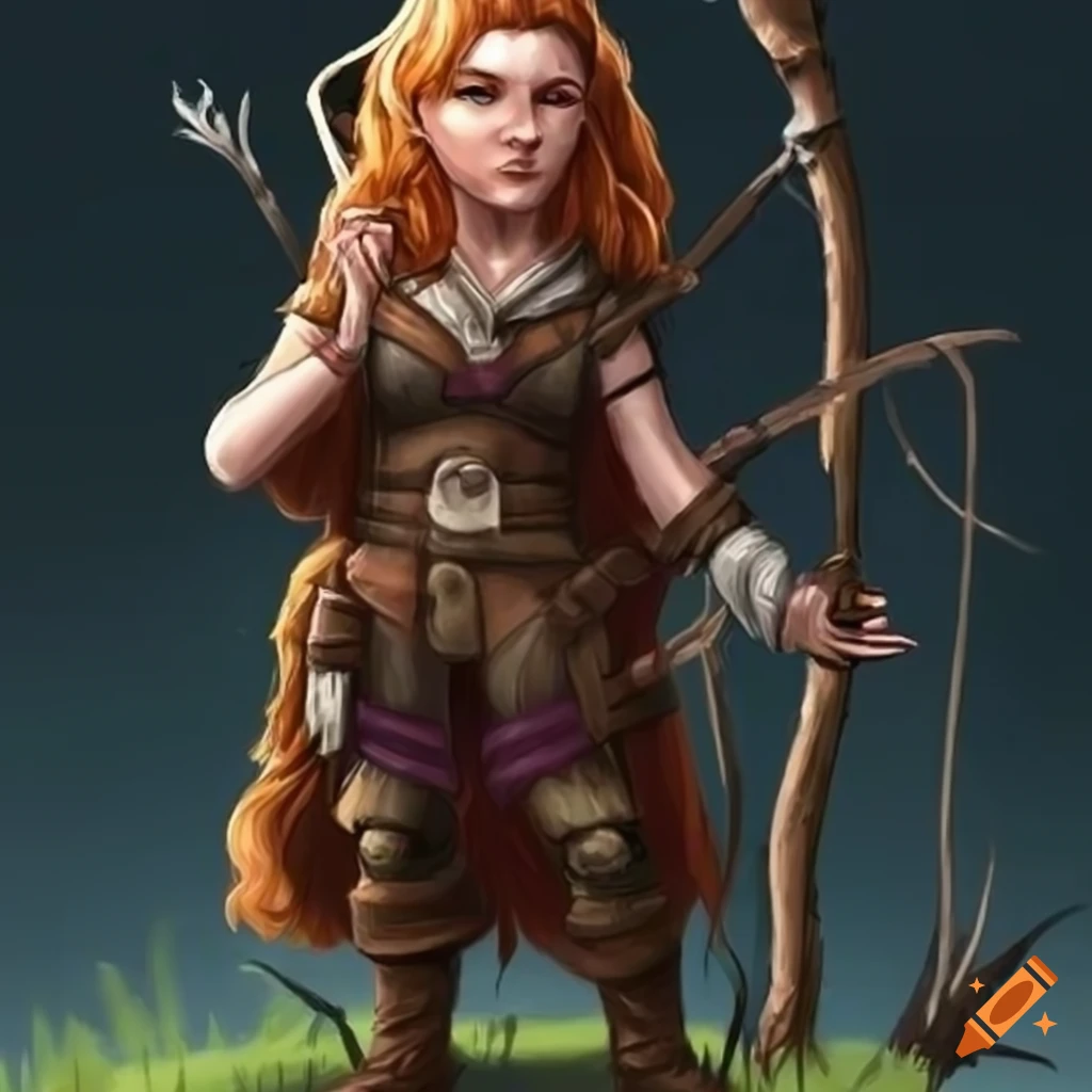 Illustration of a female stout halfling ranger hermit on Craiyon