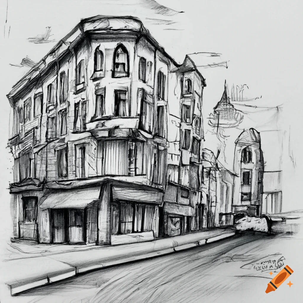 Drawing of an urban streetscape on Craiyon