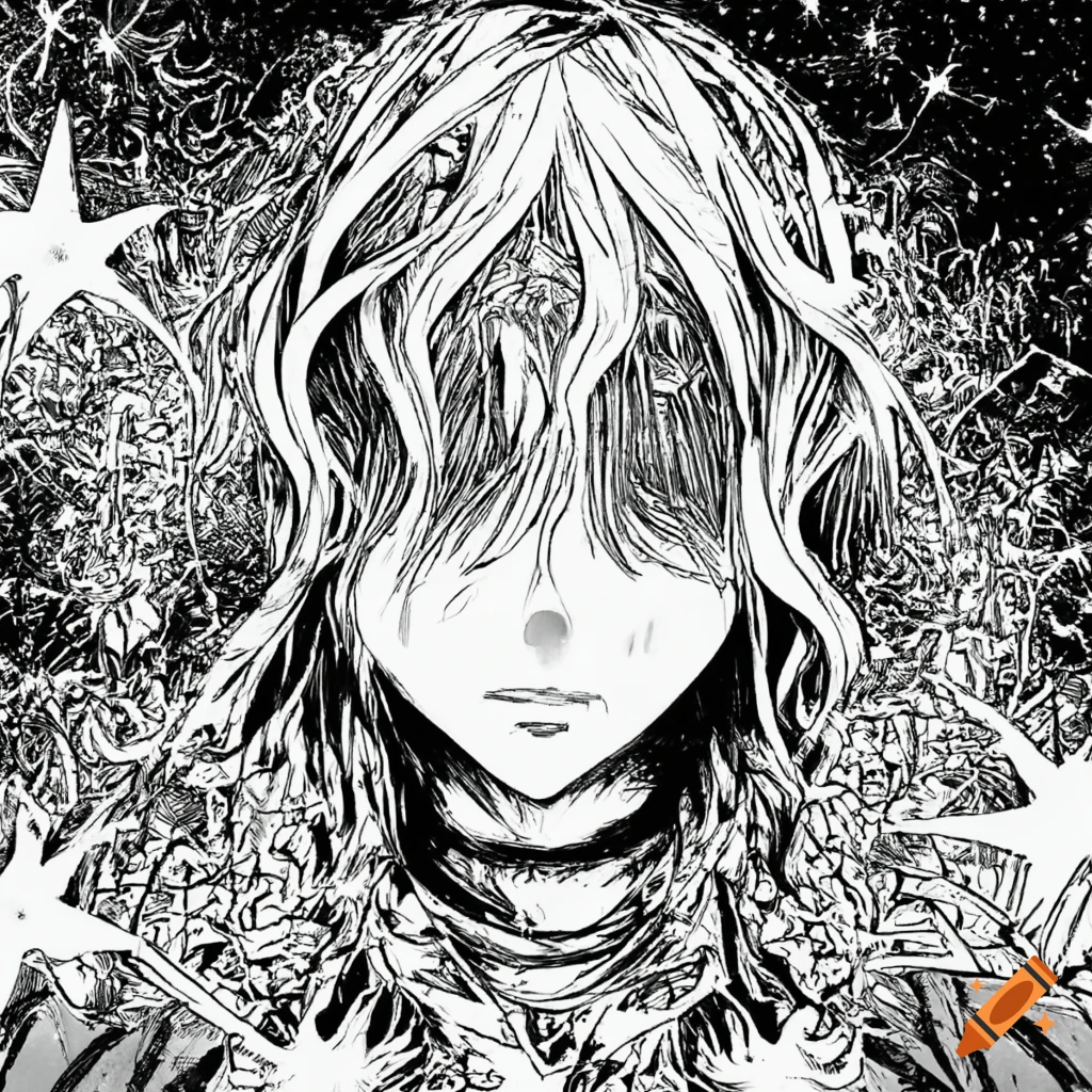 Black and white manga panel of an exploding angel in stars on Craiyon