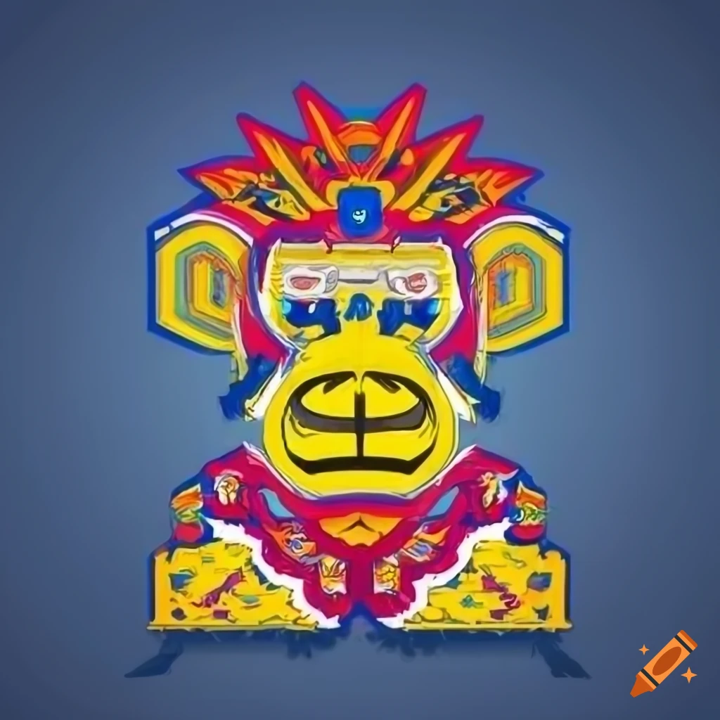 Yellow, blue, and red monkey sports team logo with aztec patterns on ...