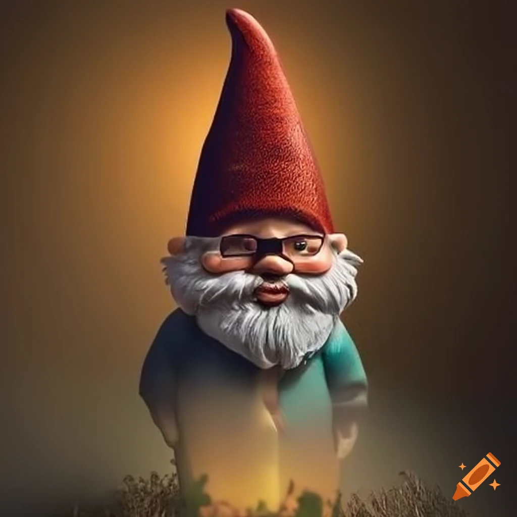 Nerdy garden gnome pointing upward in a digital generated image on Craiyon