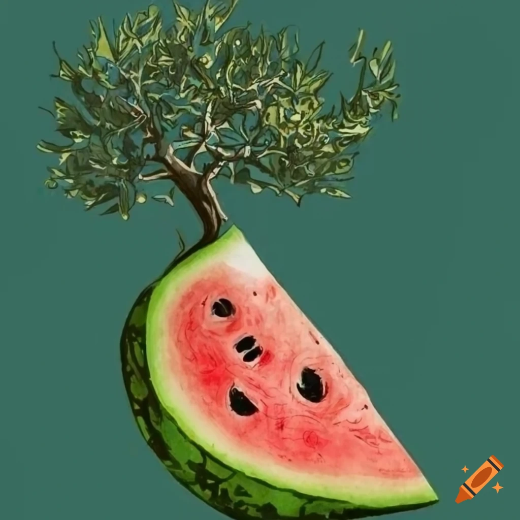 Drawing of an old olive tree on a halved watermelon on Craiyon