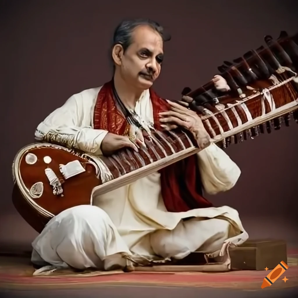 Man playing the sitar in Indian style on Craiyon