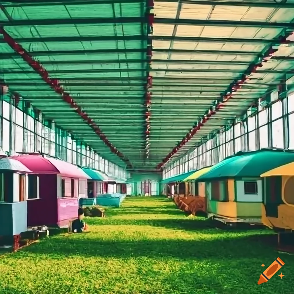 Colorful caravan inside a large hangar with sunny weather and people on ...