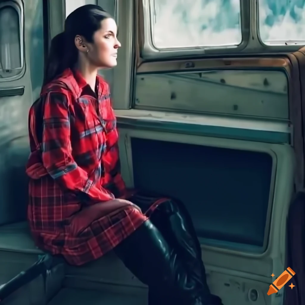 Young woman in red plaid shirt and black leather trousers sitting in a caravan trailer on Craiyon