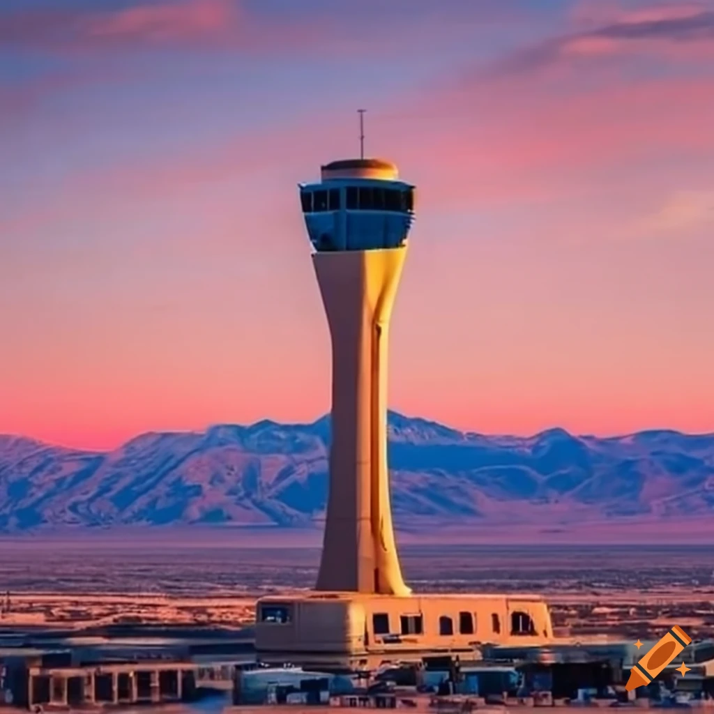 Albuquerque air traffic control tower with numerous airplanes in the ...