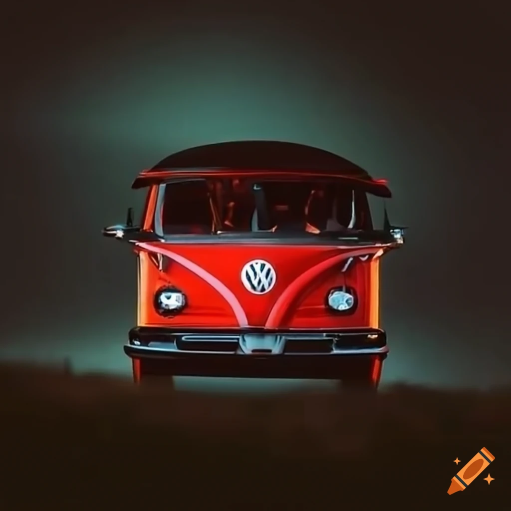 Red VW microbus driving on the autobahn from a drone perspective on Craiyon