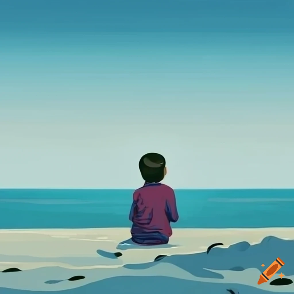 Lonely boy standing on the beach on Craiyon