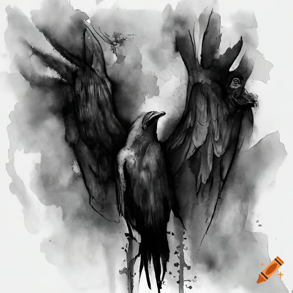 Monochrome demon crow in a horror atmospheric setting on Craiyon