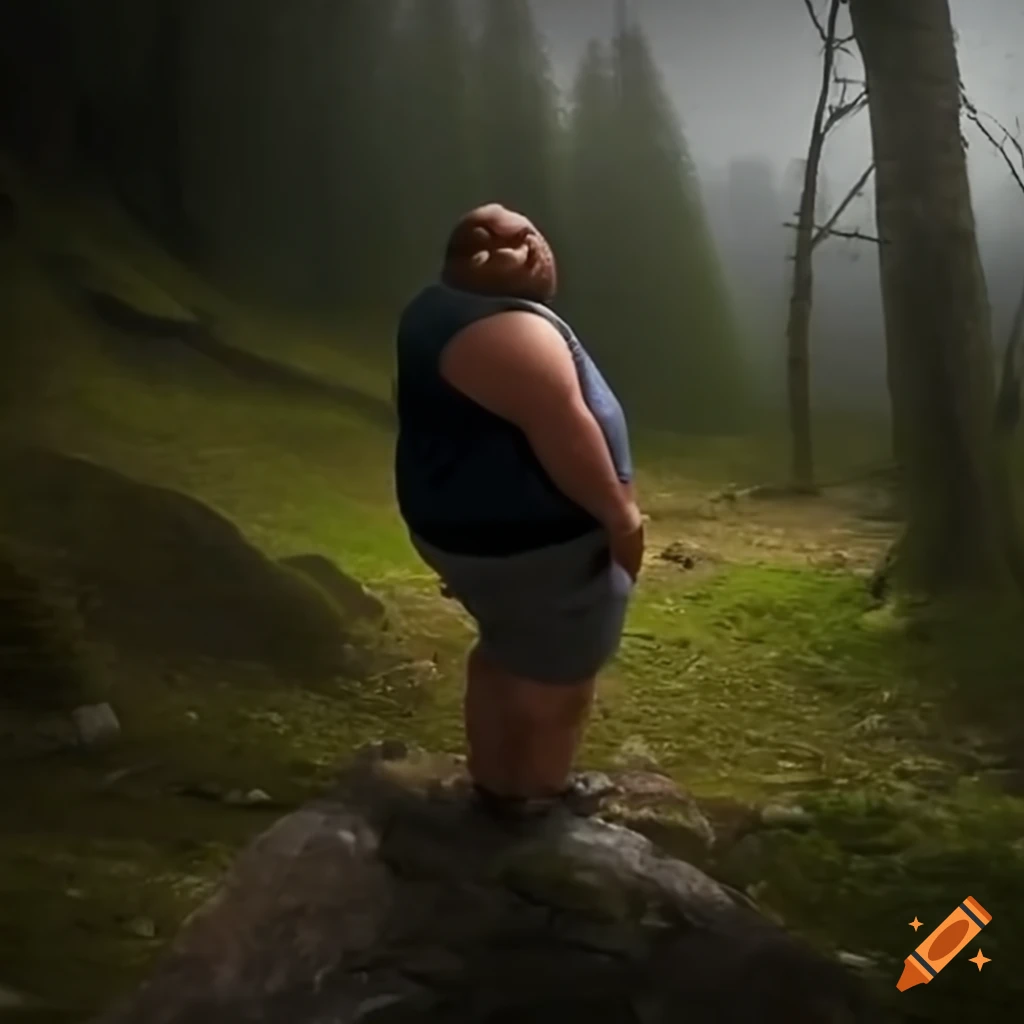 Overweight man in a mountain lair on Craiyon