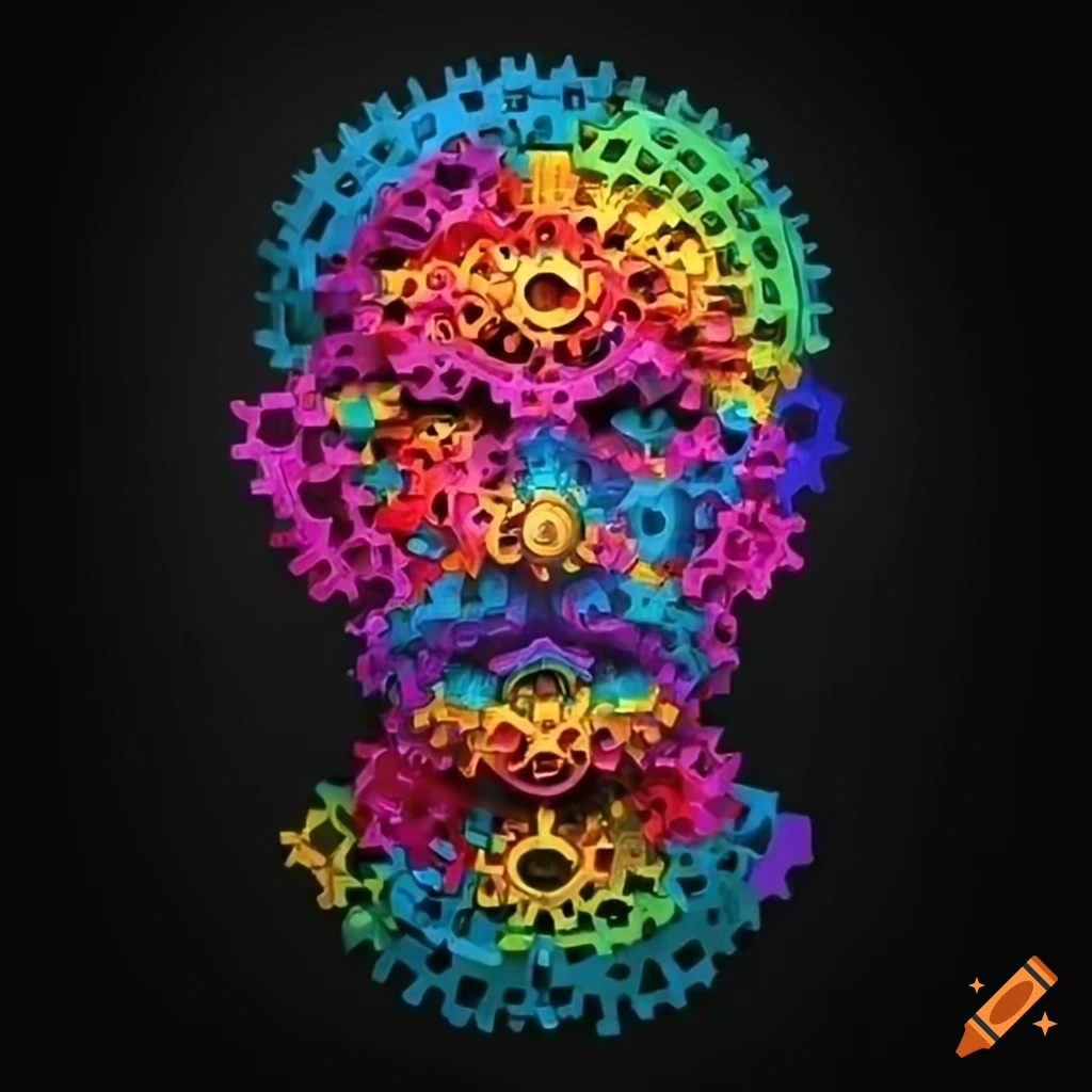 Colorful layered gears creating a man's face on Craiyon