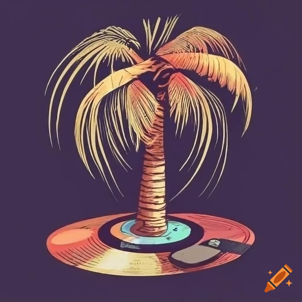 Vintage drawing of palm tree with vinyl record coconuts on a record ...