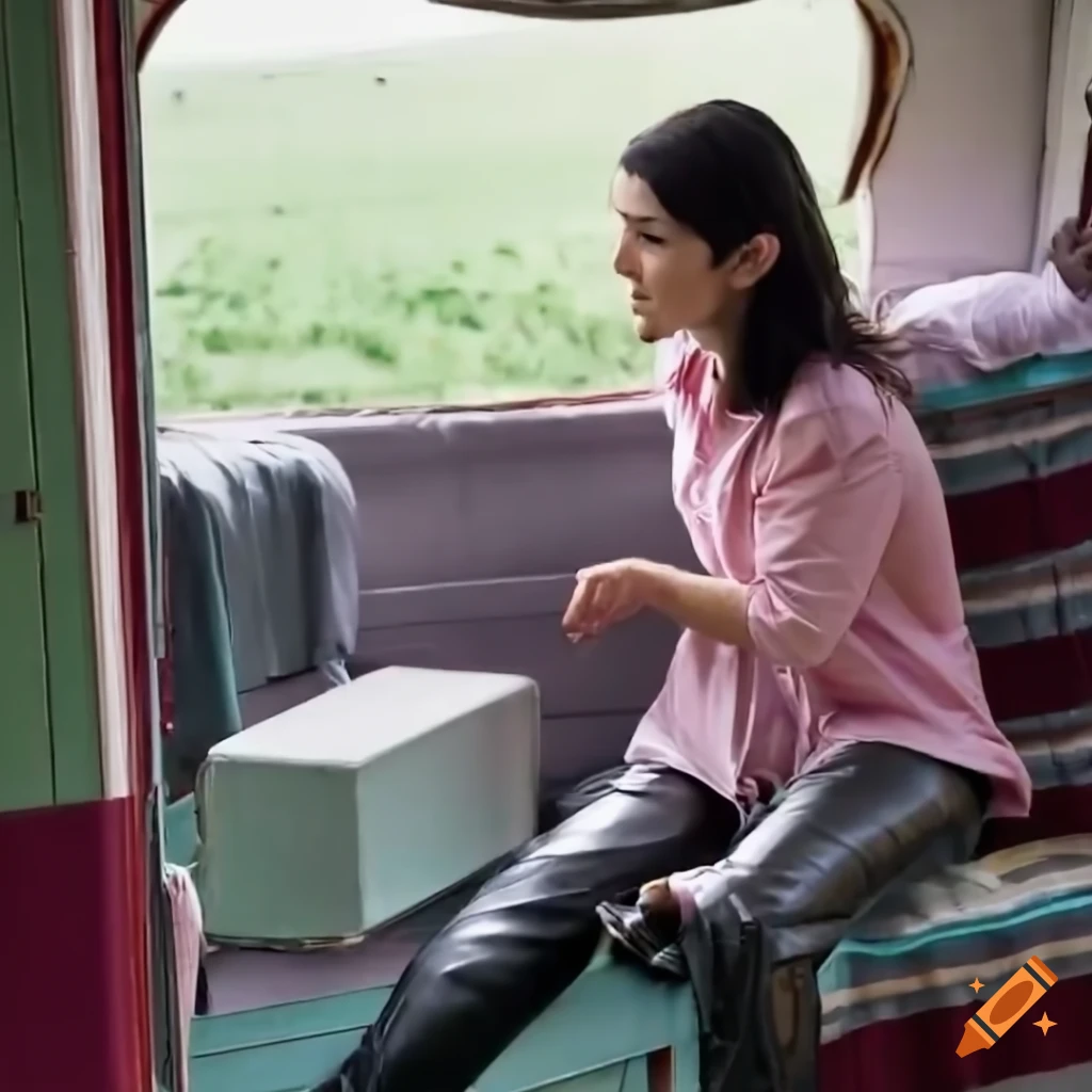 Isabelle Fuhrman in pale pink plaid shirt and high-waist black leather trousers sitting in a ...