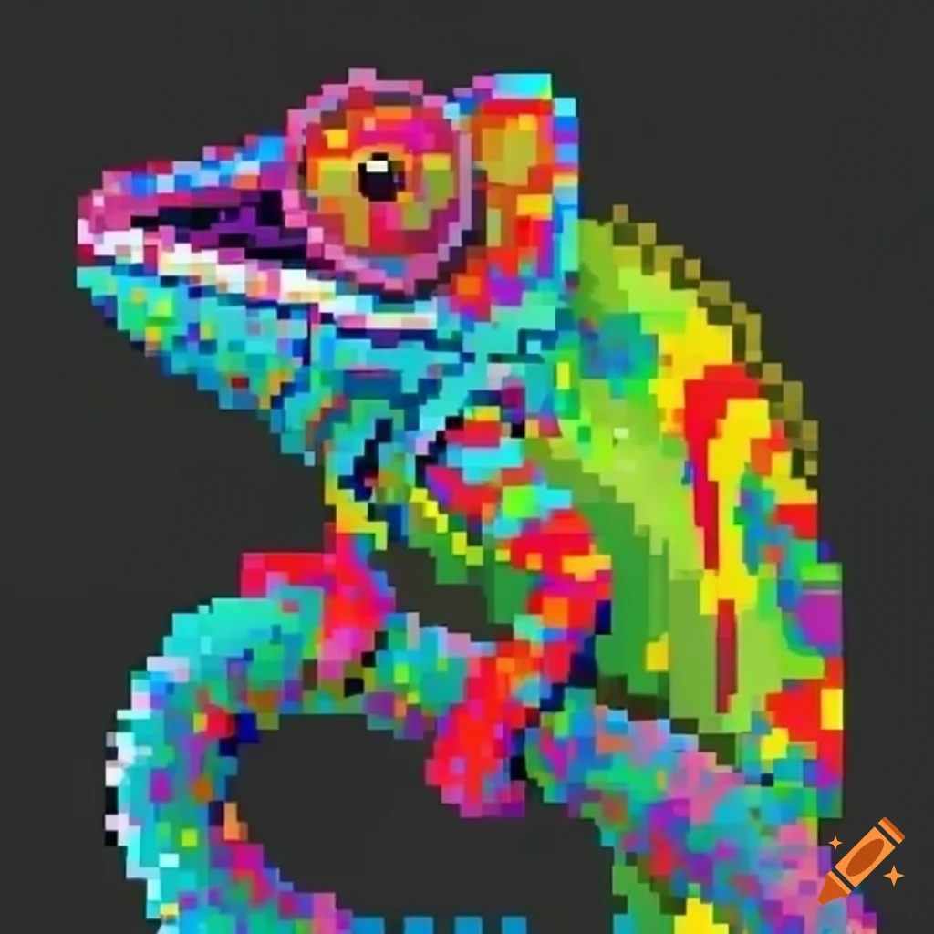 Intricate pixel art of a colorful chameleon with large fascinated eyes ...