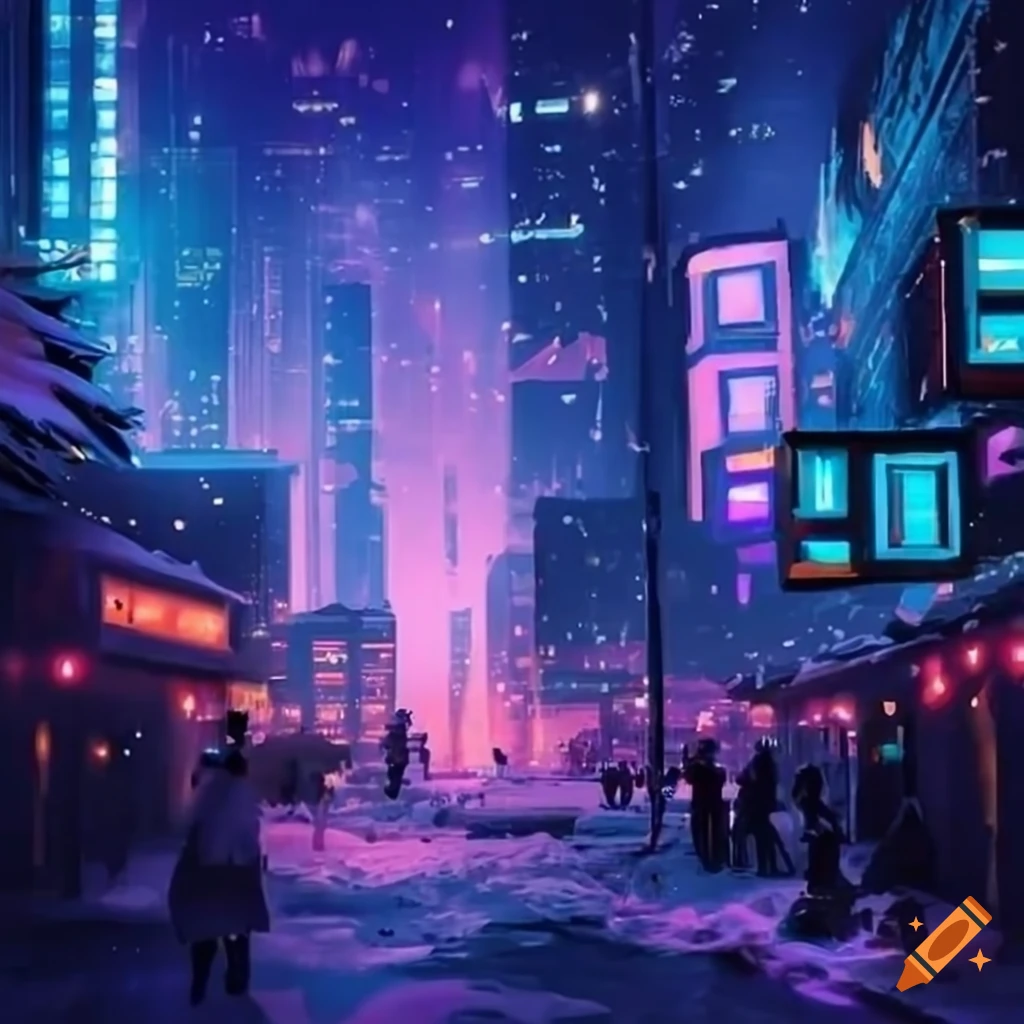 Snowy night cyber city with people on Craiyon