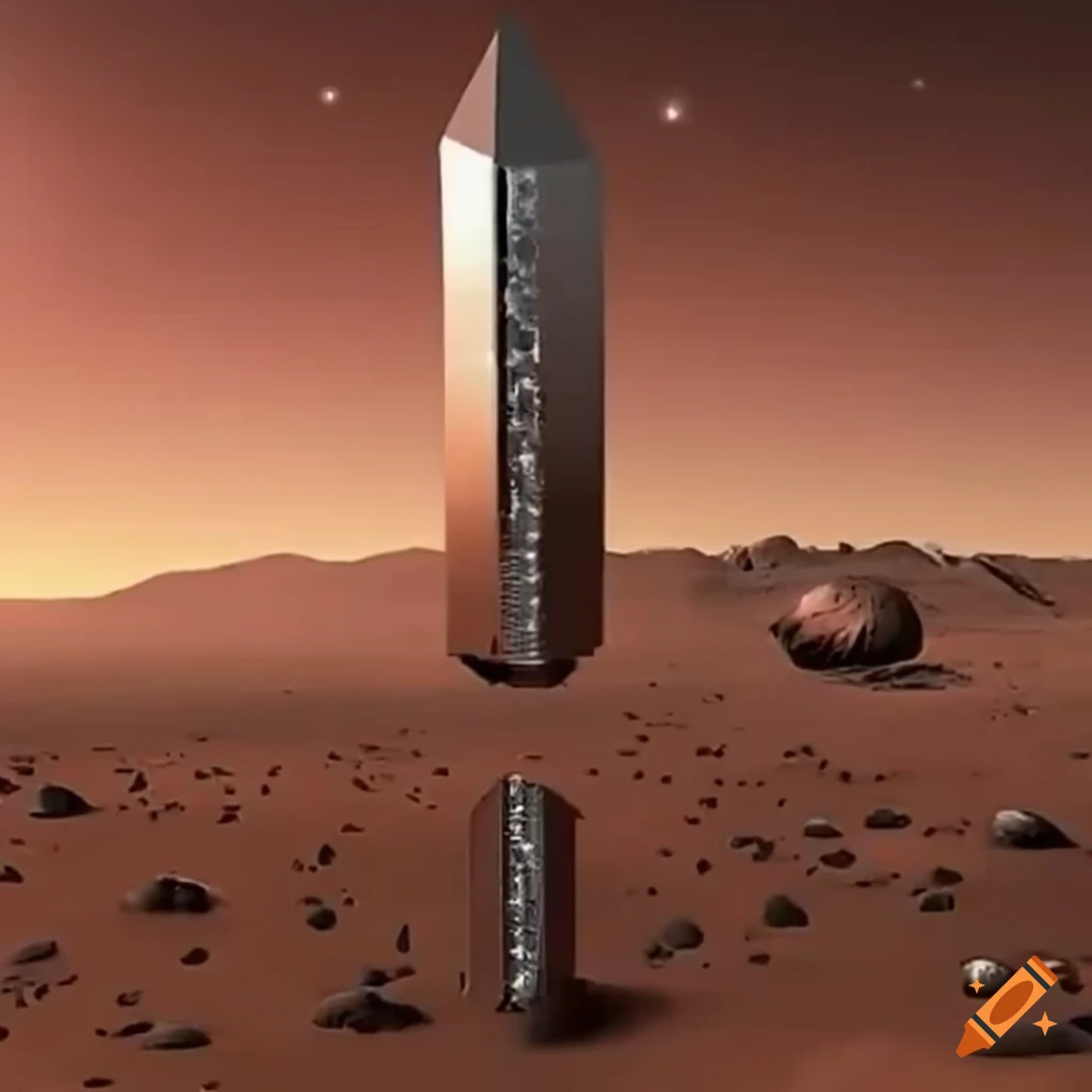 Tall lanky alien next to a featureless silver monolith on mars on Craiyon