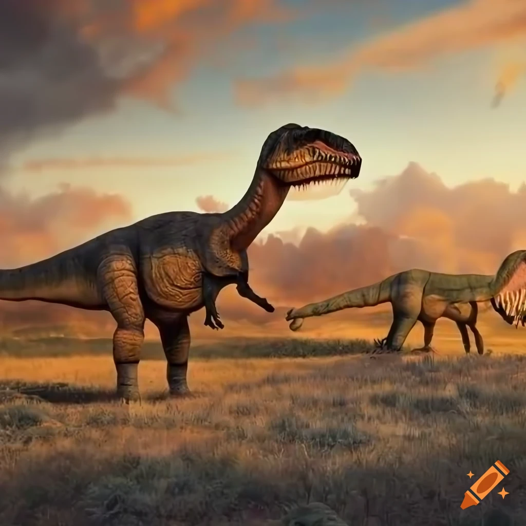 Herd of Hadrosaurus dinosaurs in open prehistoric landscape on Craiyon