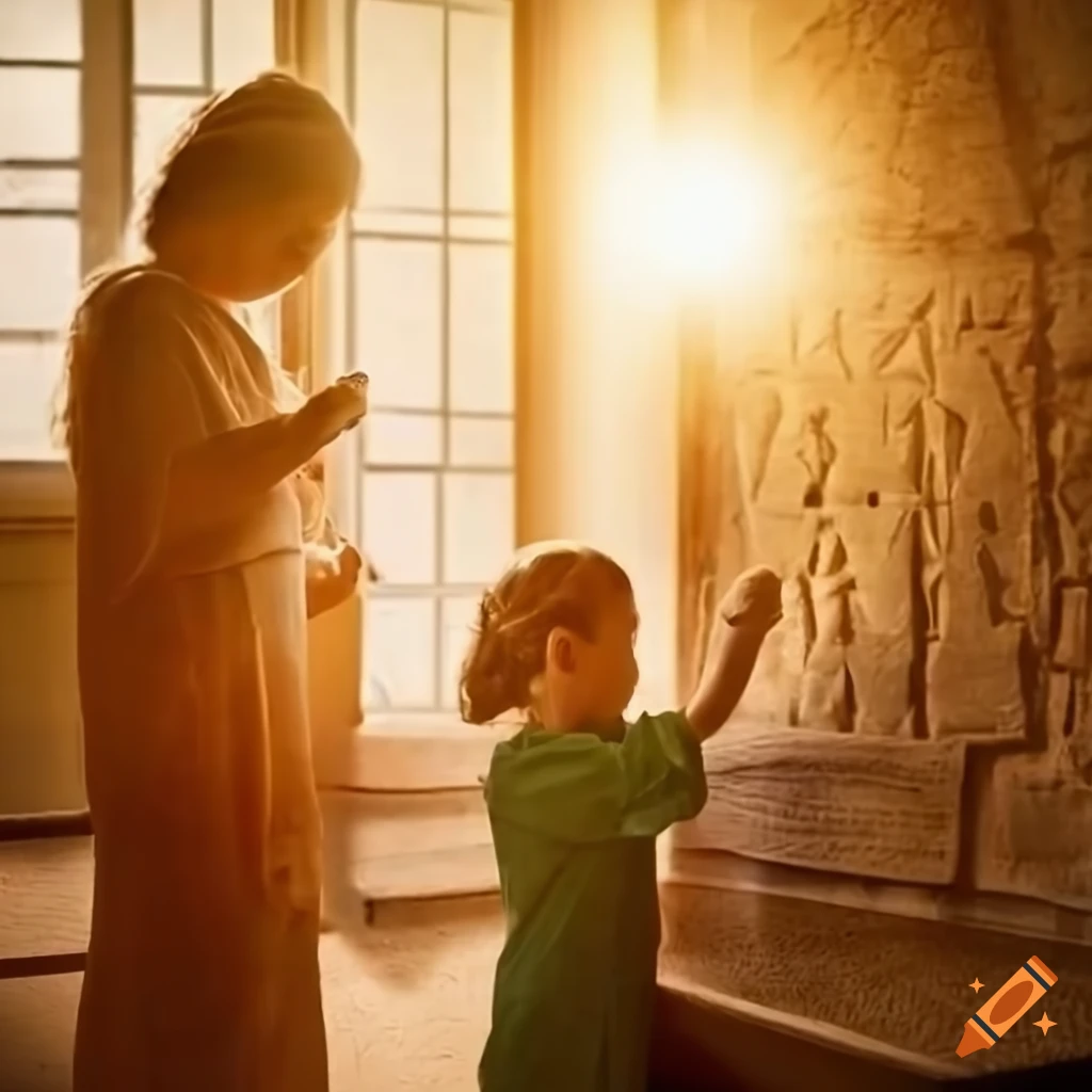 Sumerian children and teacher writing stone tablets in a sunlit room on ...