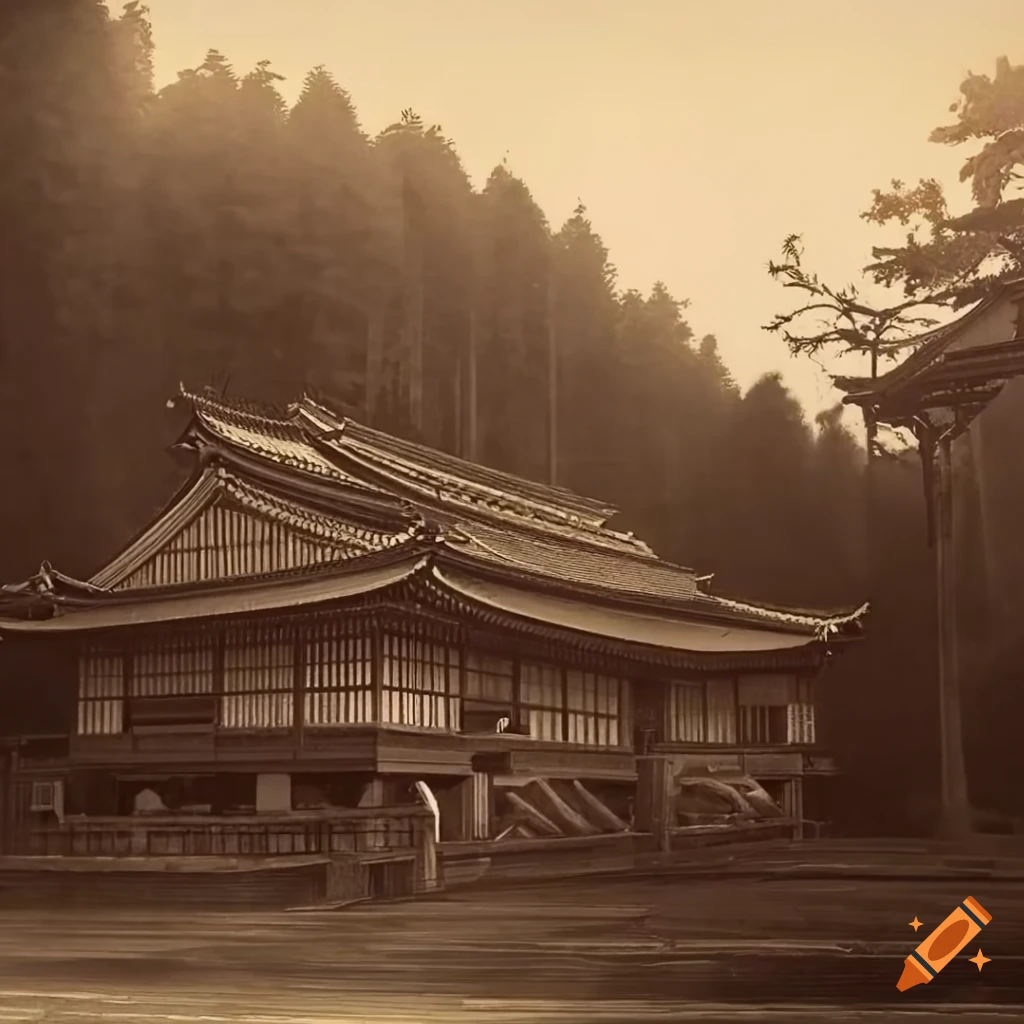 Japanese buildings surrounded by forest in the 1910s on Craiyon