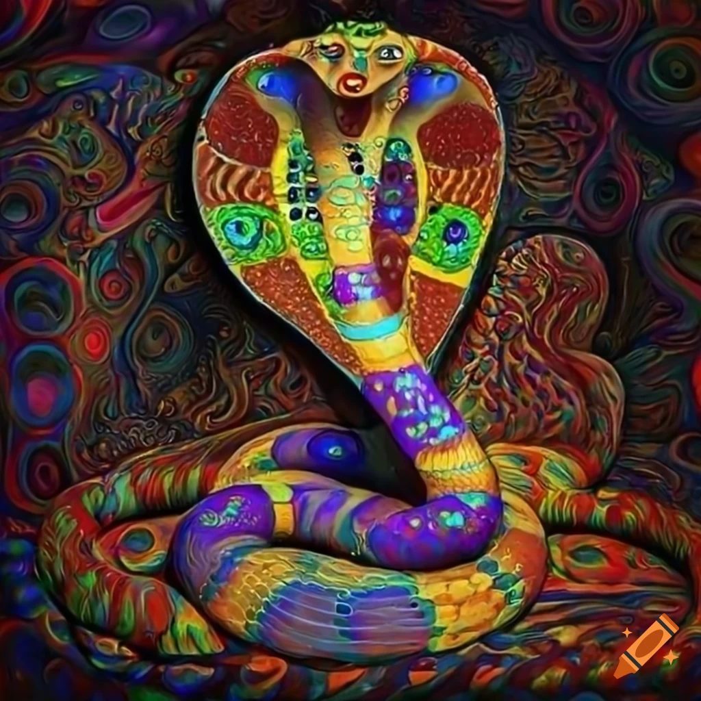 Cobra with hypnotic eyes in a psychedelic cavern on Craiyon