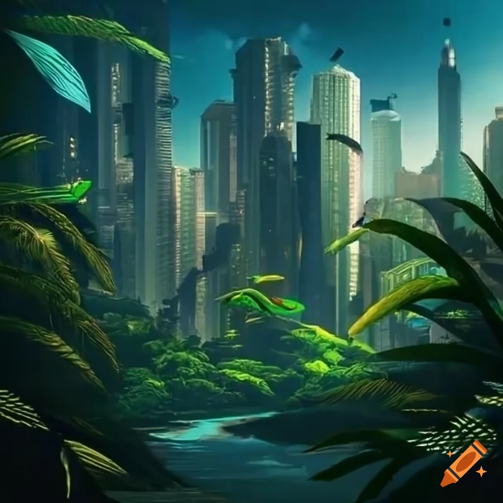 Beautiful city within a tropical forest with alien birds flying in the ...