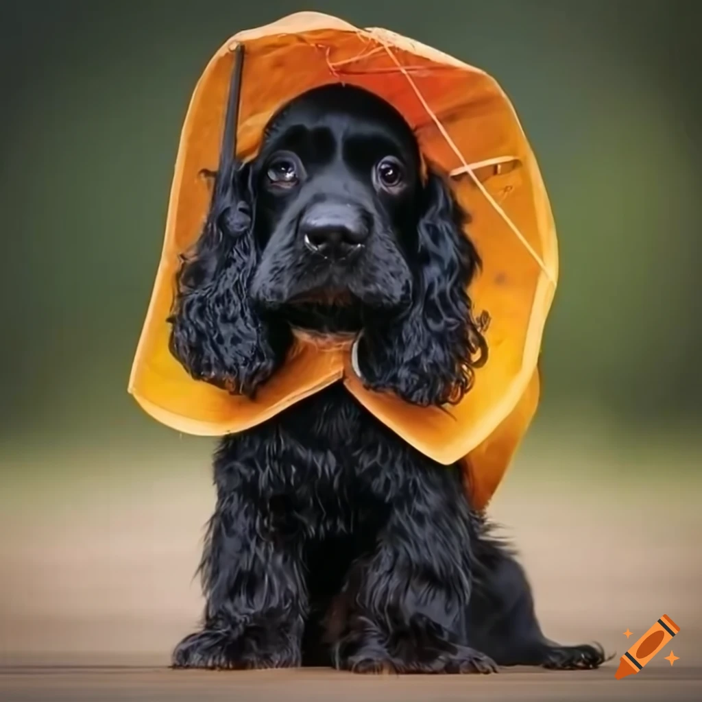 Black cocker spaniel puppy wearing a rain coat on Craiyon