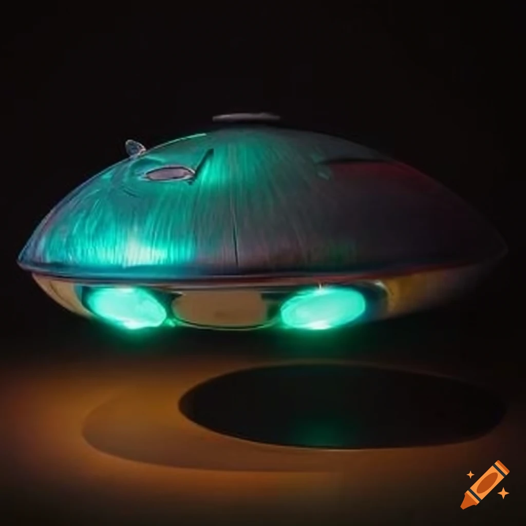 Handcrafted vintage flying saucer with glowing lights on Craiyon