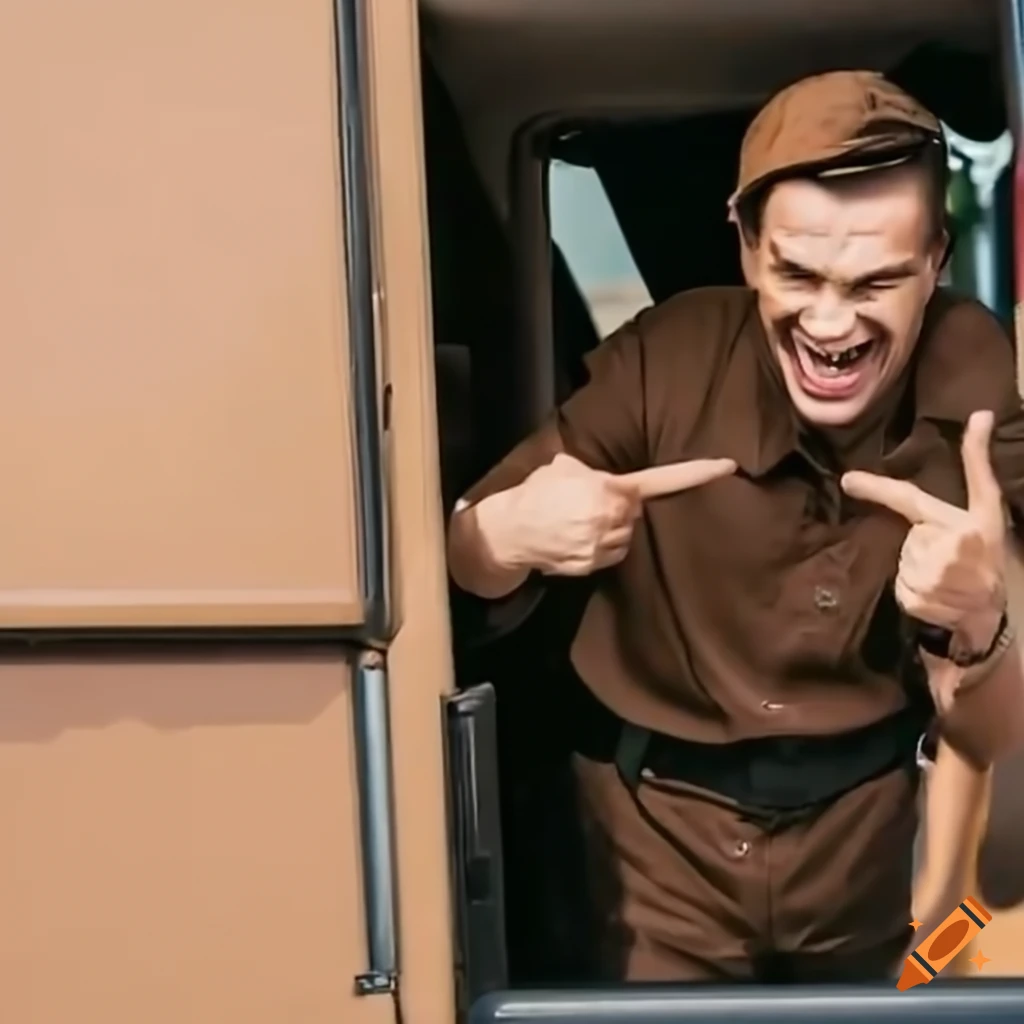 Brown ups delivery truck with driver pointing and laughing on Craiyon