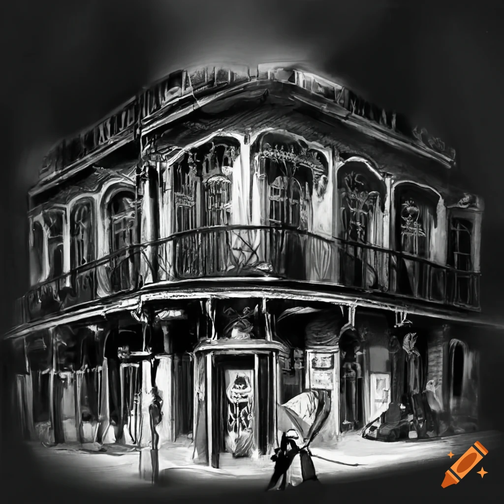 Royal cafe in new orleans with black and white color scheme on Craiyon