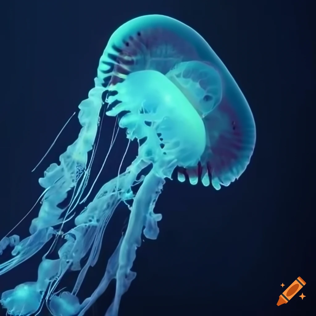 Deep-sea glimpse of jellyfish and bioluminescent creatures, fantasy forest with neon elements on ...