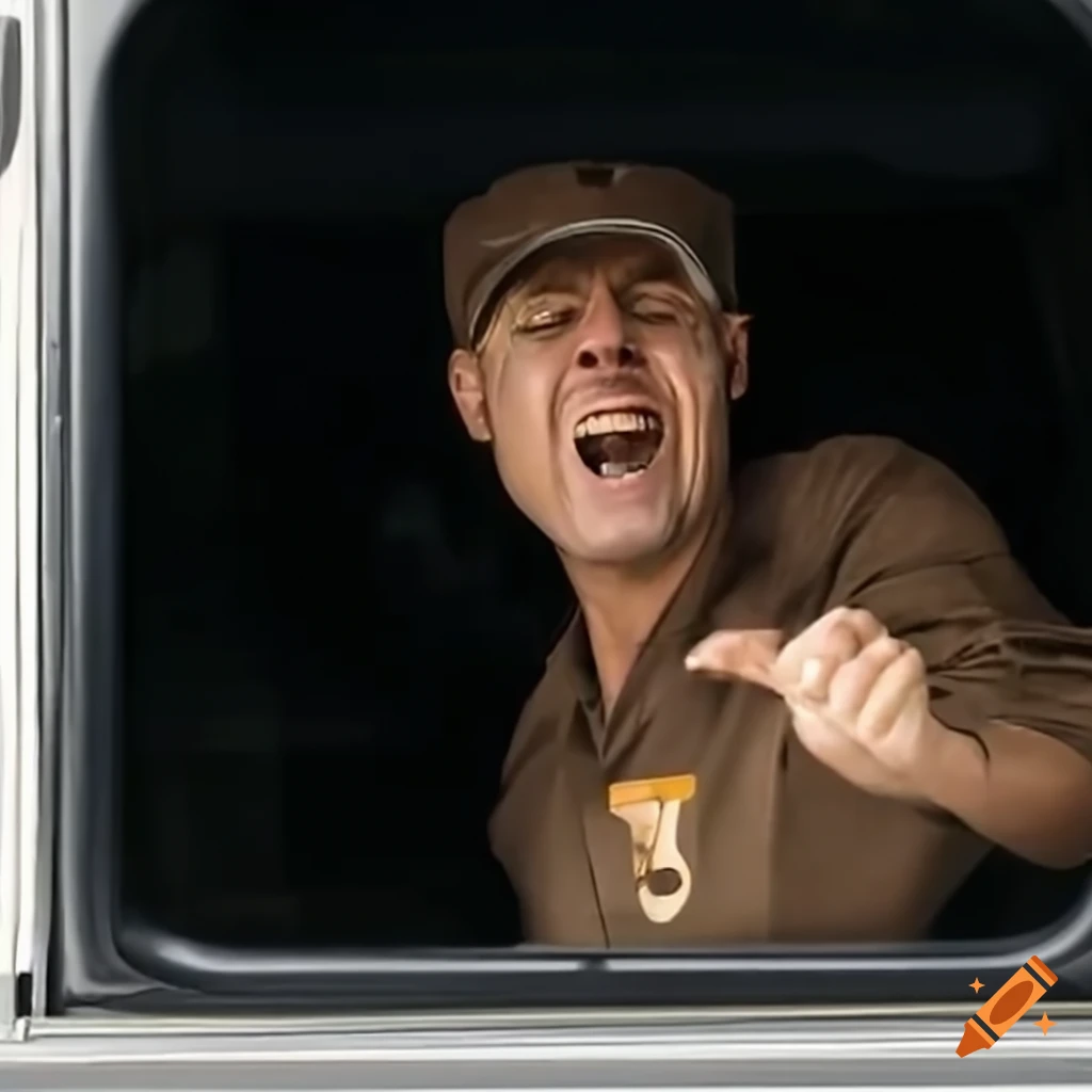Brown ups delivery truck with driver pointing and laughing on Craiyon