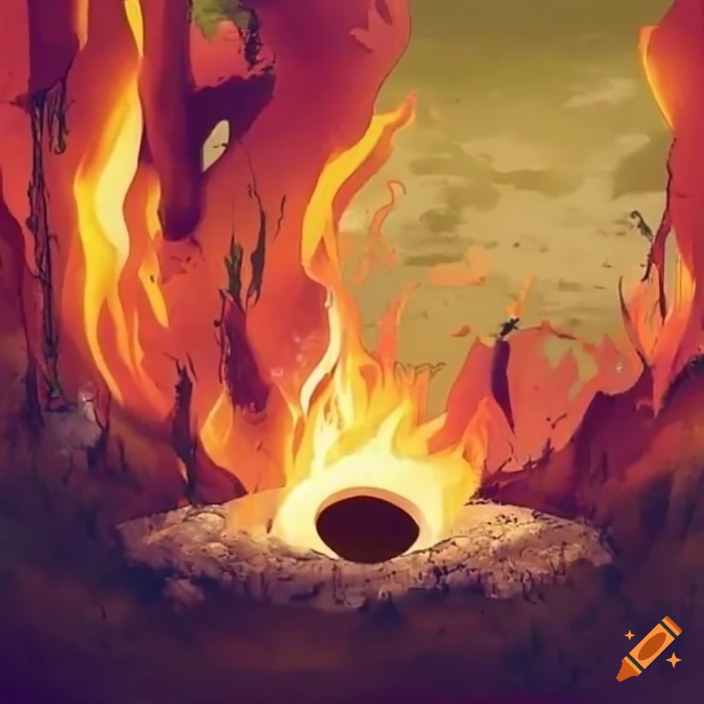 Vibrant fiery pit in the ground with burning grass on Craiyon