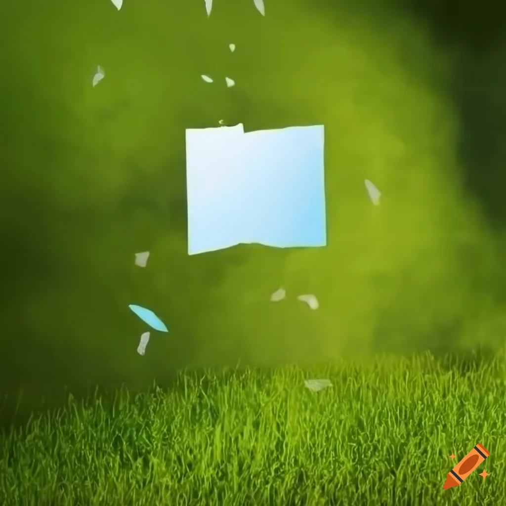 Paper falling from white clouds onto green grassy hills under blue sky ...