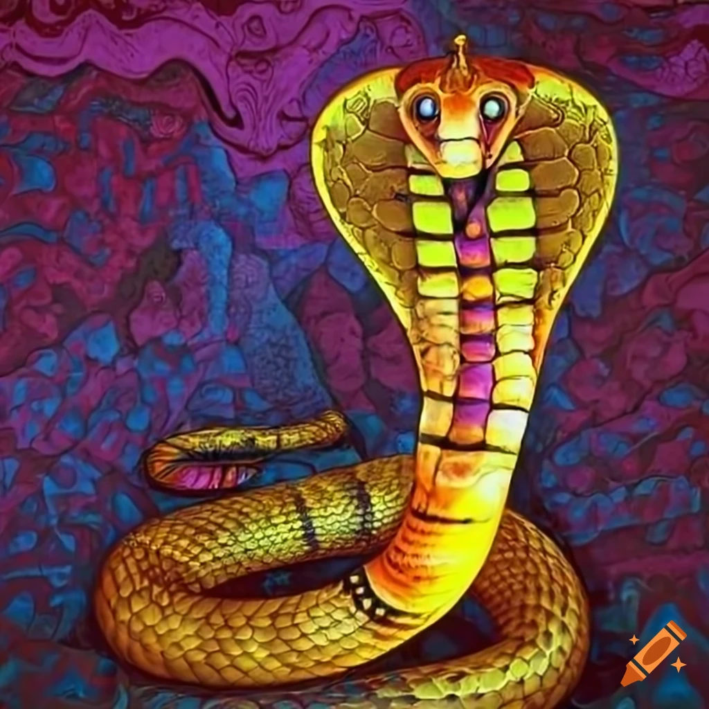 Psychedelic golden cobra in a surrealistic cavern with a 70's style on ...