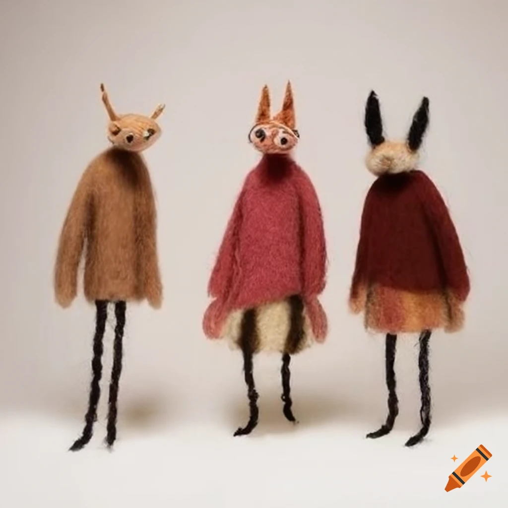 Stylish felted wool creatures in designer clothing on Craiyon