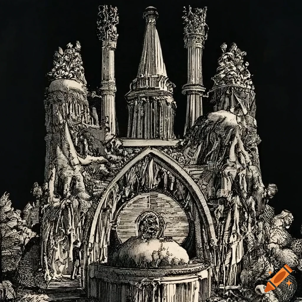 Highly detailed etching engraving of ancient temples and landscape on ...