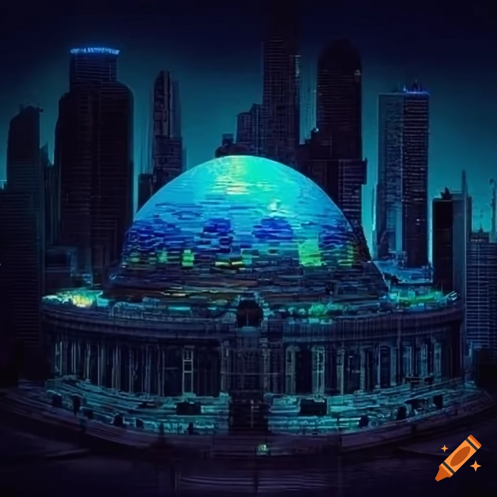 Bustling metropolis encased within a protective dome spanning over the ...