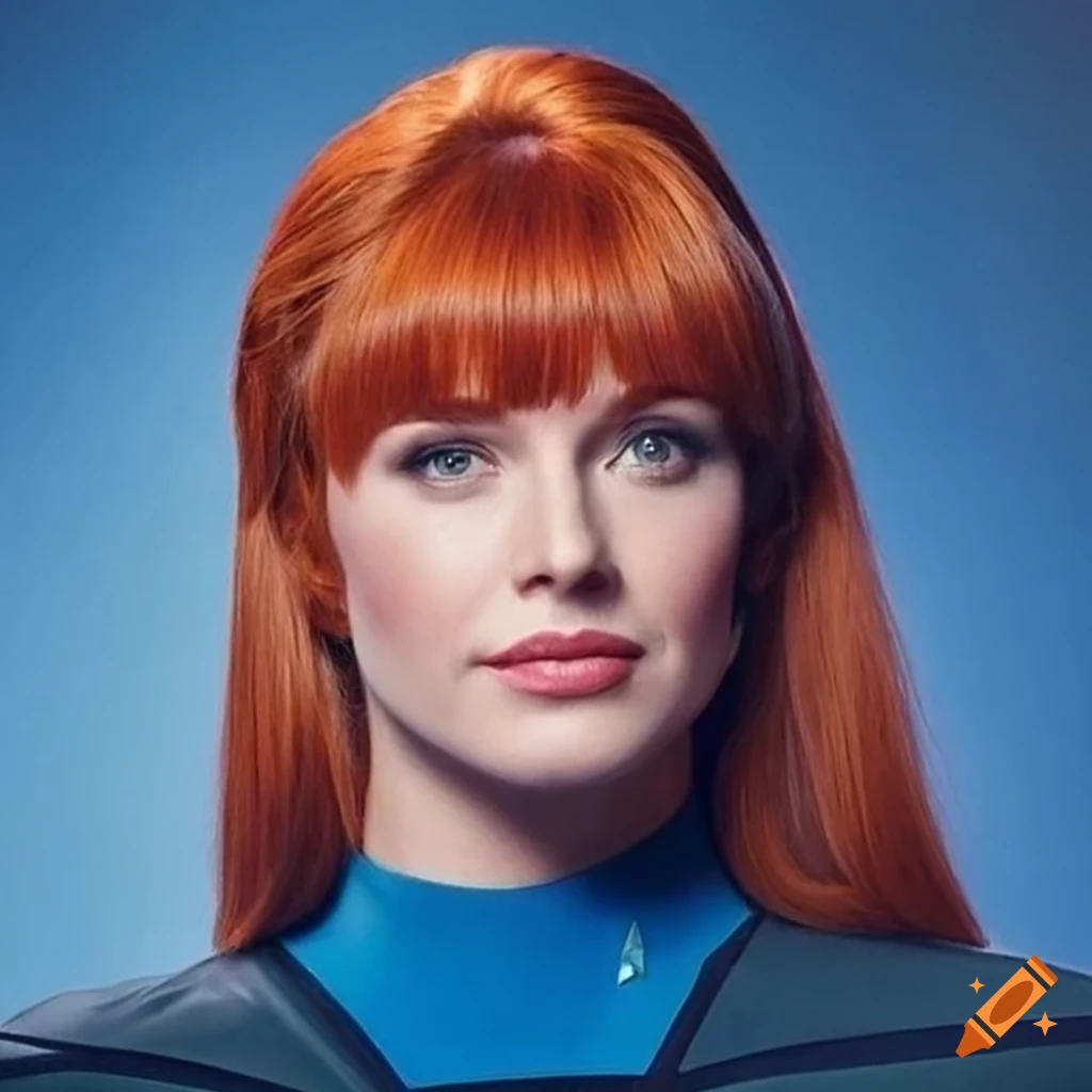 Detailed young woman with red hair in a Star Trek blue uniform on Craiyon