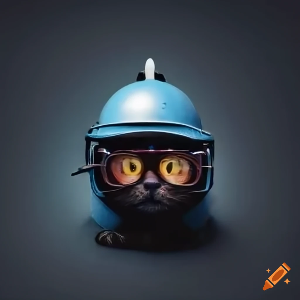 Cat wearing safety helmet and goggles on Craiyon